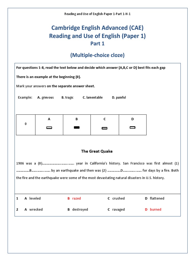 Cambridge English Advanced (CAE) Reading and Use of English (Paper 1) | PDF