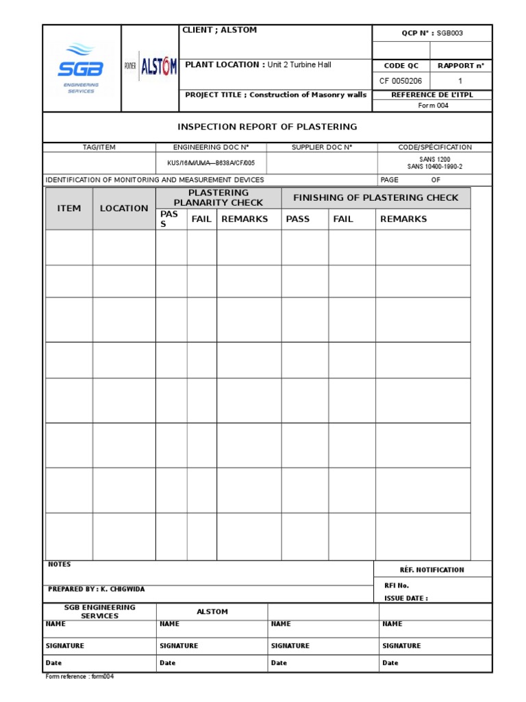 FORM004 Inspection Report For Plastering | PDF