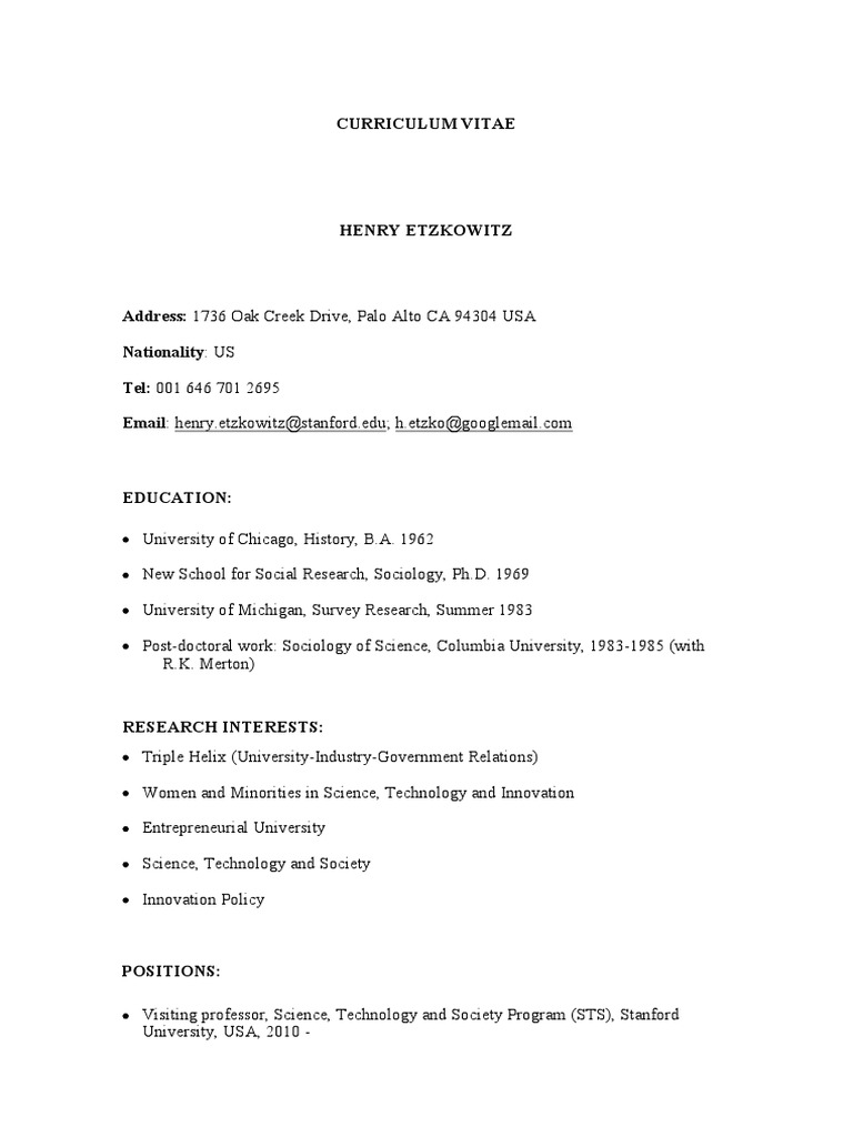 Curriculo Vitae Henry Etzkowitz | PDF | Entrepreneurship | National ...