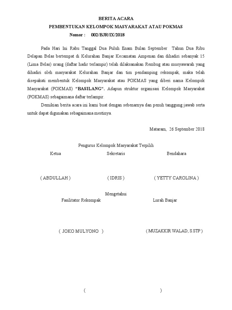 Berita Acara Pembentukan Pokmas Basilang Banjar | PDF