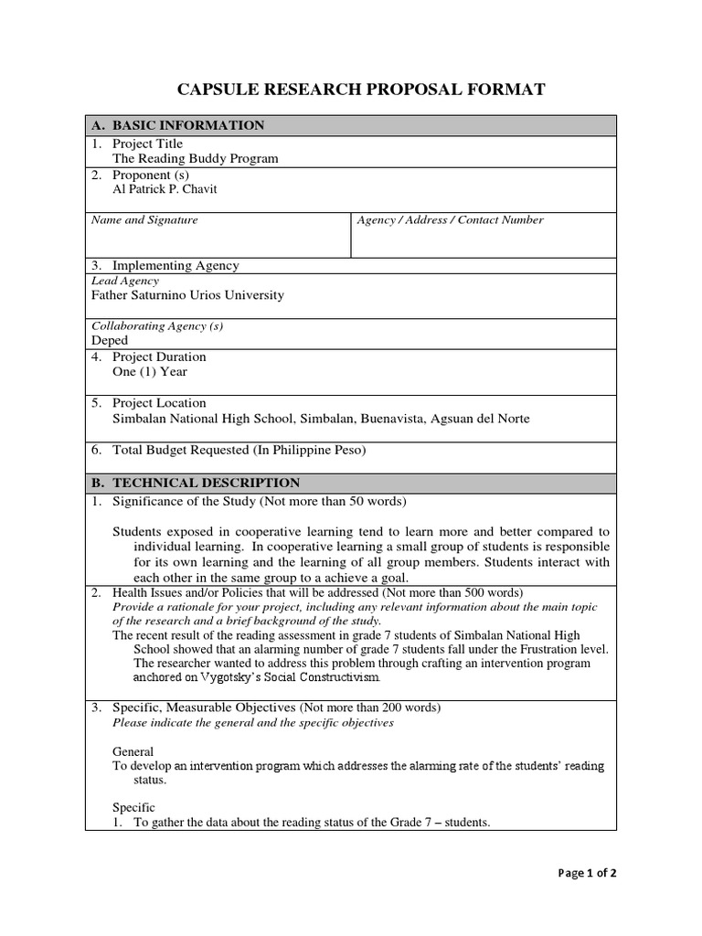 Capsule Research Proposal Format: A. Basic Information | PDF ...