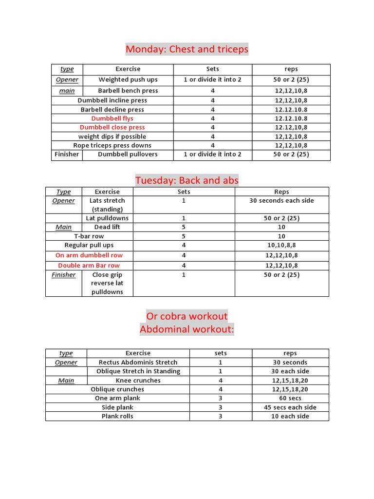 Monday: Chest and Triceps: Type Opener Main | PDF | Physical Exercise ...