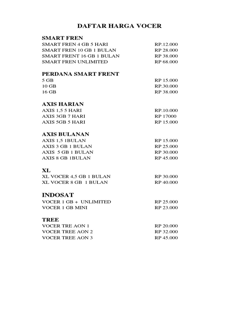 Daftar Harga Vocer | PDF
