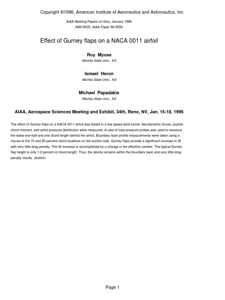 Effect of Gurney Flaps On A NACA 0011 Airfoil: Roy Myose | PDF ...