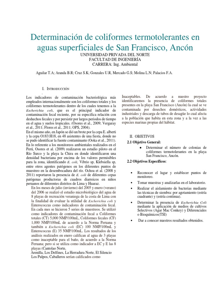 Coliformes termotolerantes en Ancón | PDF | Laboratorios | Microbiología