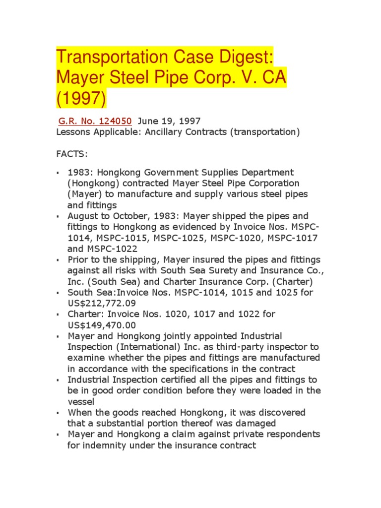Transportation Case Digest: Mayer Steel Pipe Corp. V. CA (1997) | PDF ...
