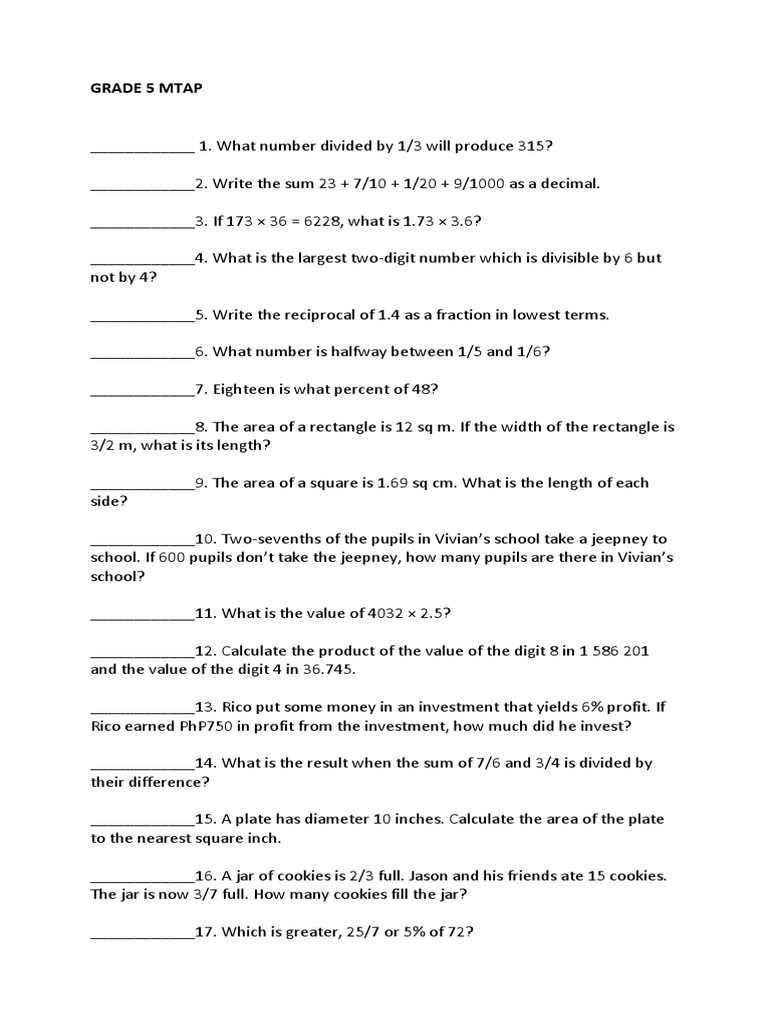 GRADE 5 MTAP Reviewer | PDF | Fraction (Mathematics) | Numbers