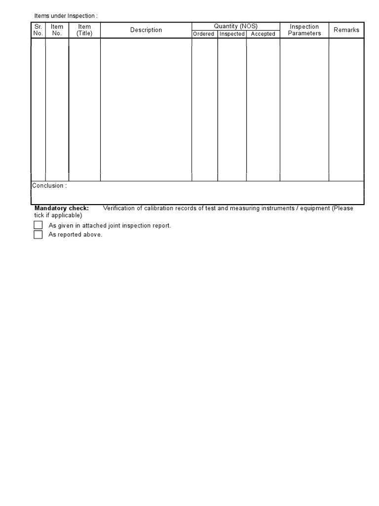Joint Inspection Report of Ordered Items with Analysis of Accepted and ...