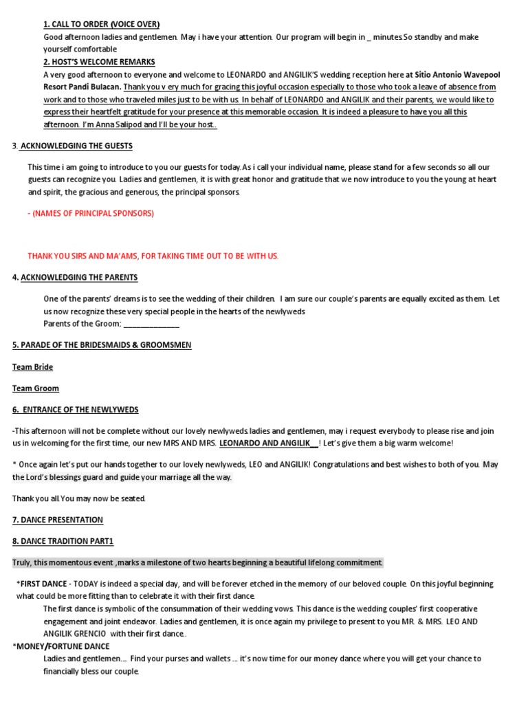 Wedding Reception Emcee Script | Download Free PDF | Wedding | Bridesmaid