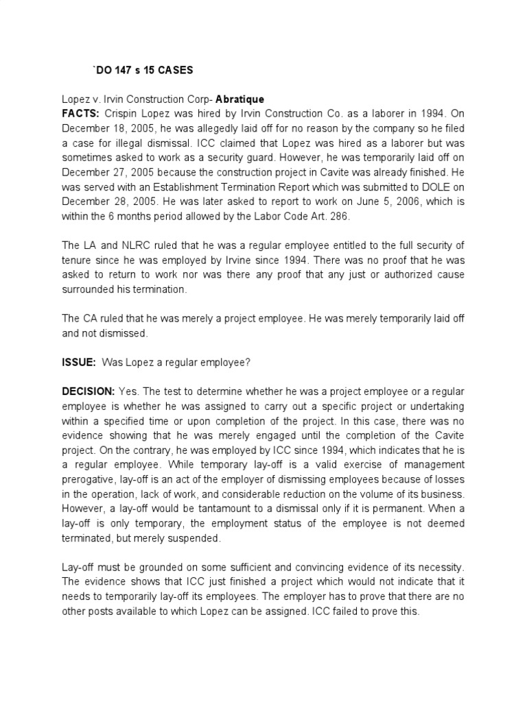 DO 147 S 15 CASES | Download Free PDF | Layoff | Employment