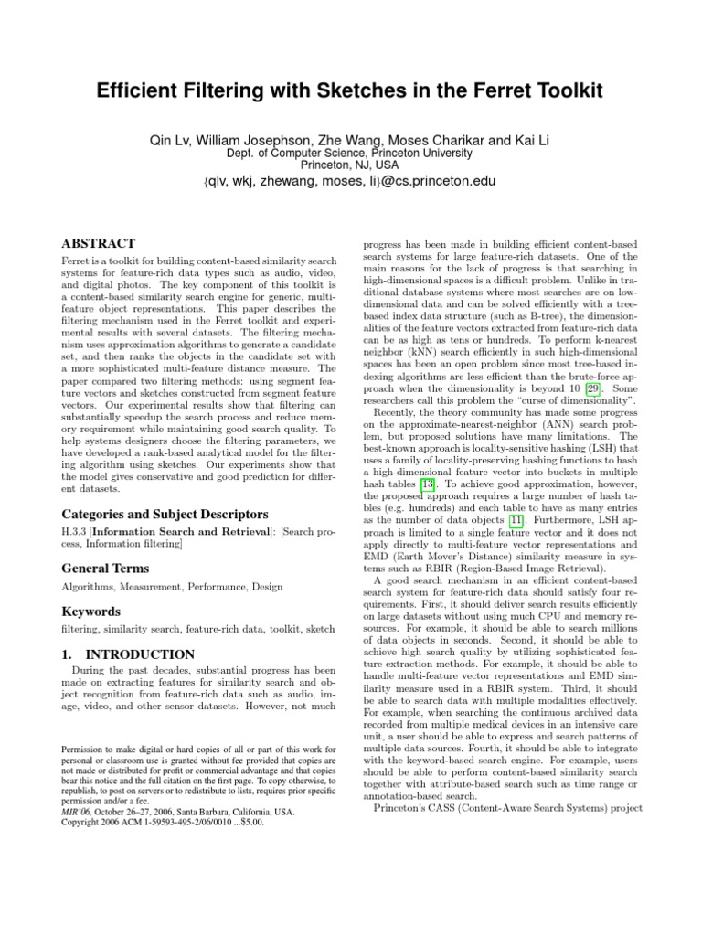 Efficient Filtering With Sketches in The Ferret Toolkit: Qin LV ...
