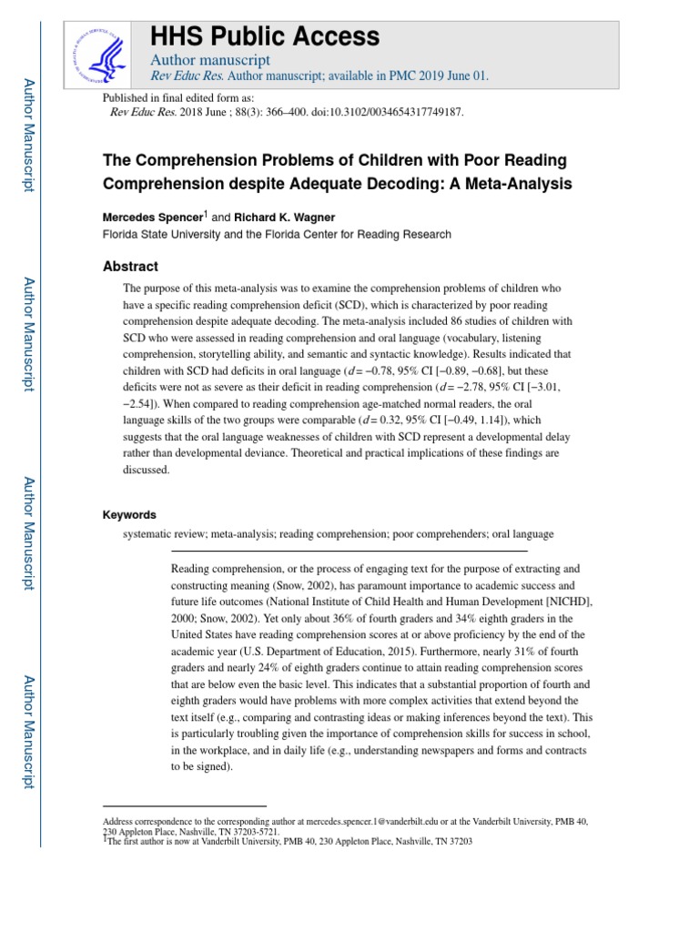 The Comprehension Problems of Children With Poor Reading Comprehension ...