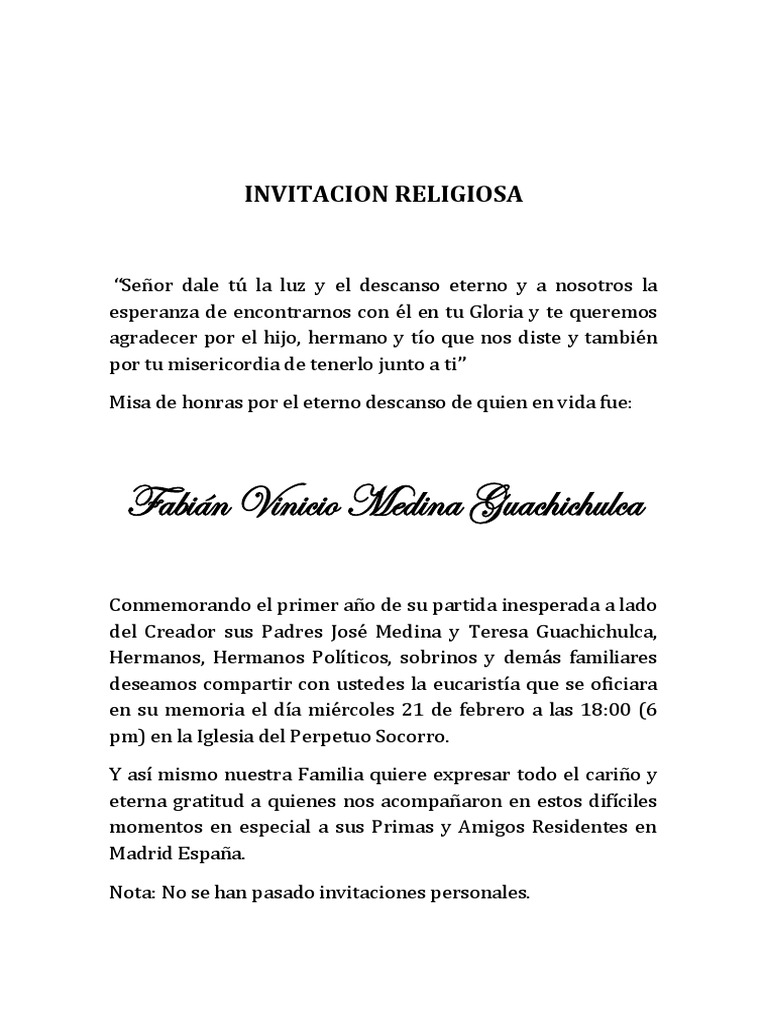 Invitación a Misa de Honras por Fabián | PDF
