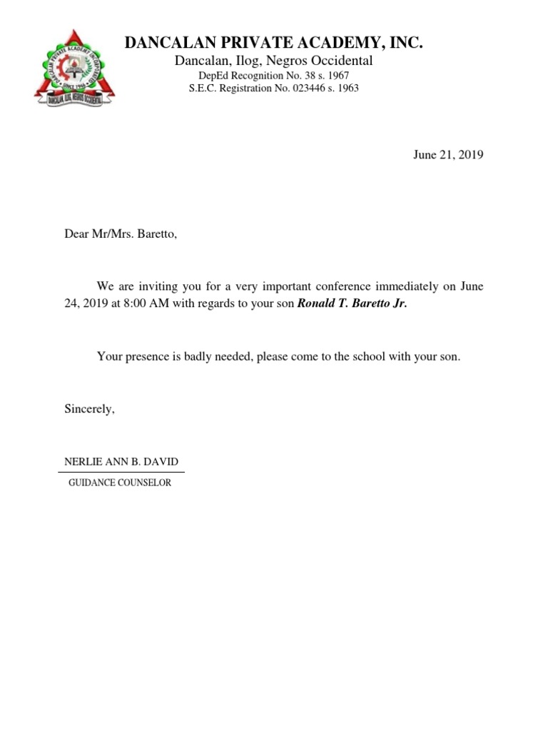 Dancalan Private Academy, Inc.: Dancalan, Ilog, Negros Occidental | PDF