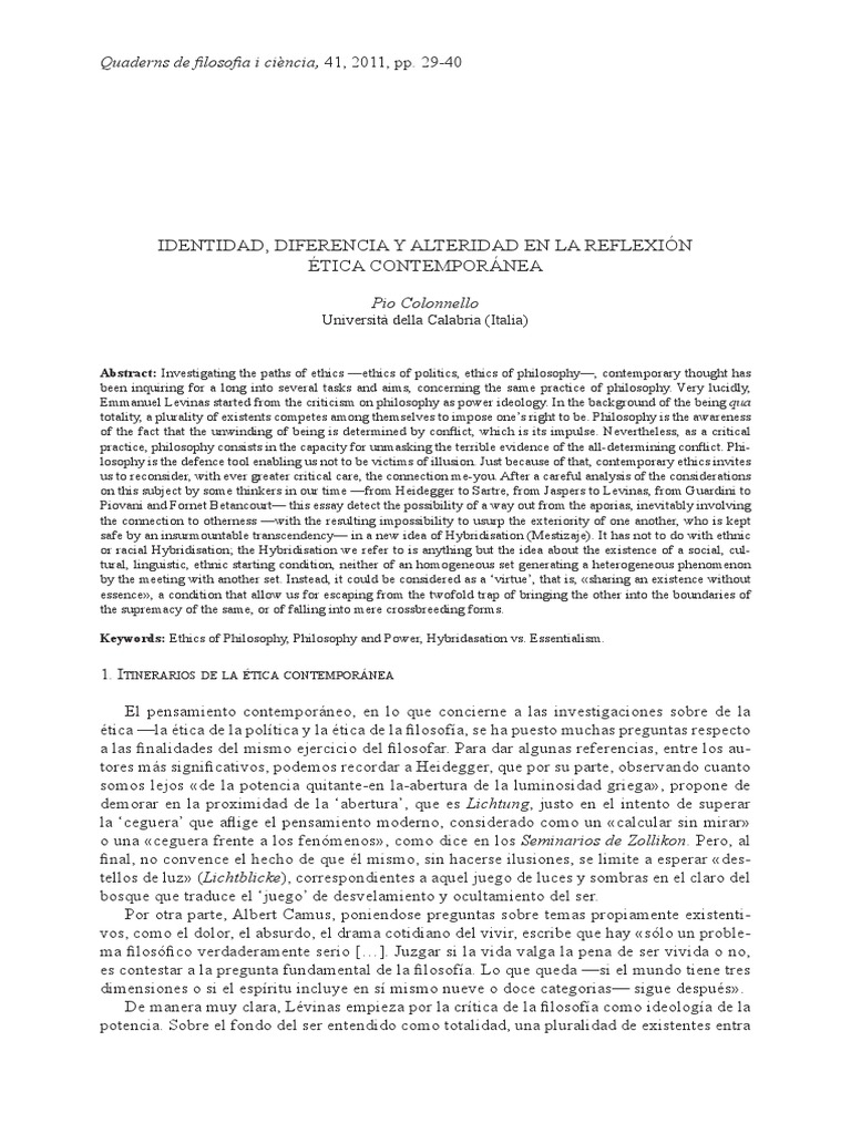 Identidad, Diferencia y Alteridad en La Reflexión Ética Contemporánea ...
