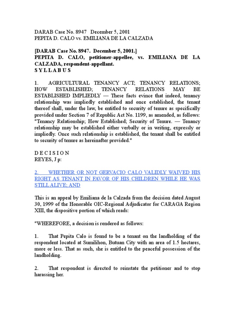 (DARAB Case No. 8947. December 5, 2001.) PEPITA D. CALO, Petitioner ...