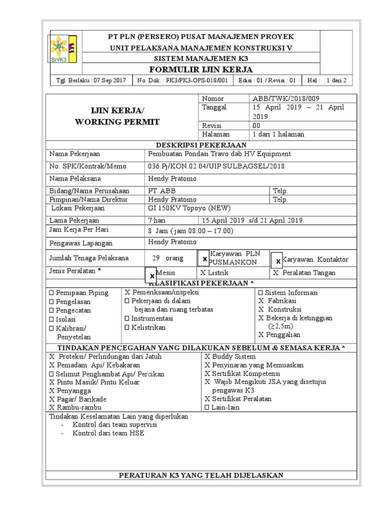 7.a FK3 - PK3 - OPS-18 Formulir Ijin Kerja | PDF