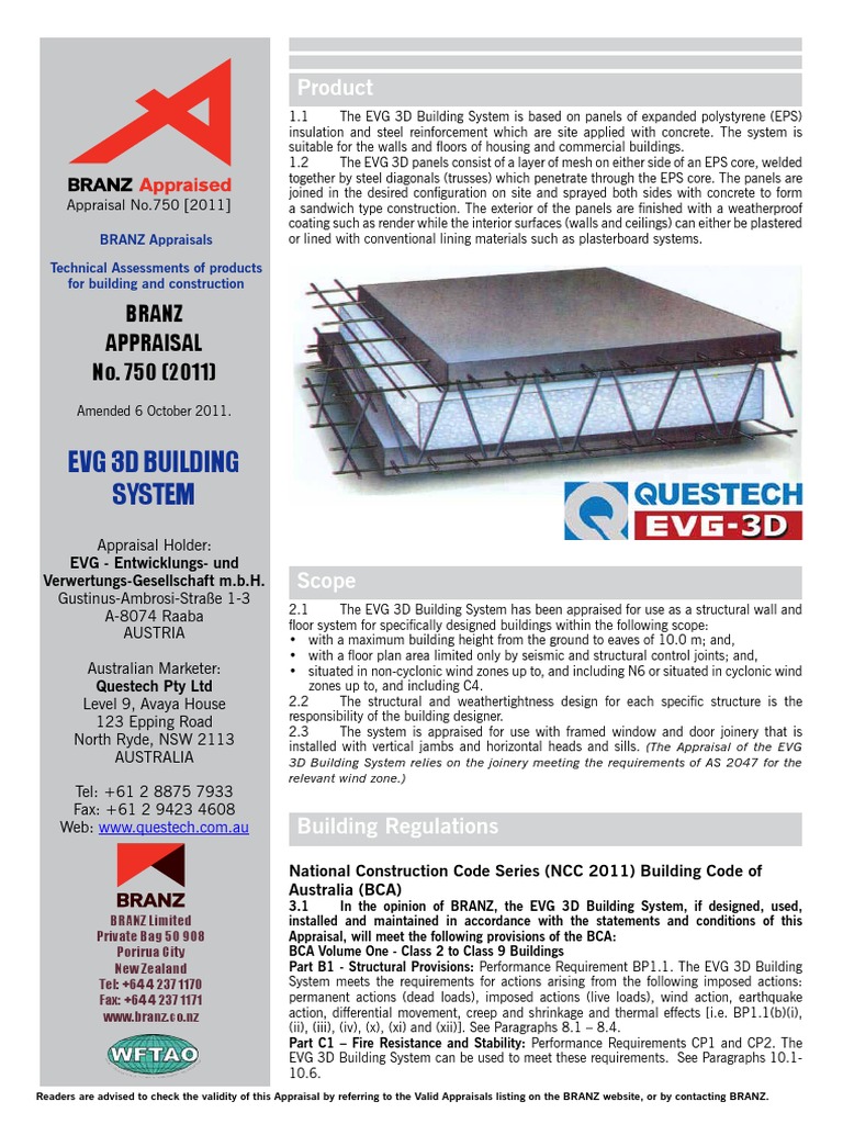 Evg 3D Building System: Branz Appraisal No. 750 (2011) | PDF | Wall | Truss