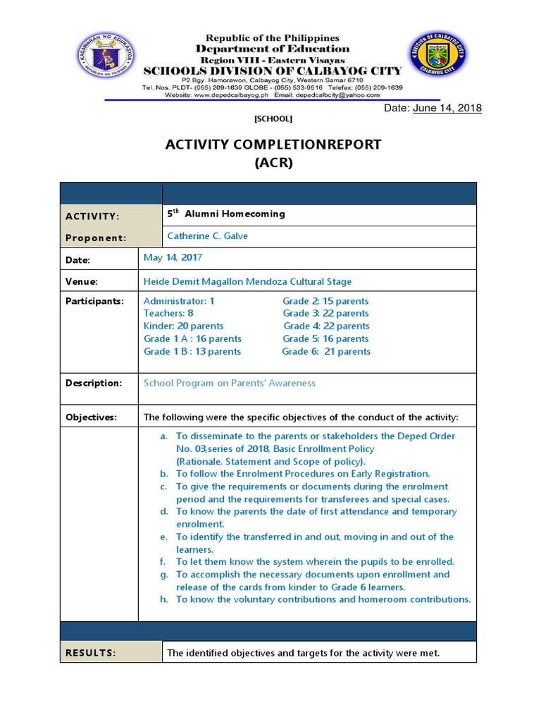 Activity Completionreport (ACR) : Activity: 5 Alumni Homecoming ...