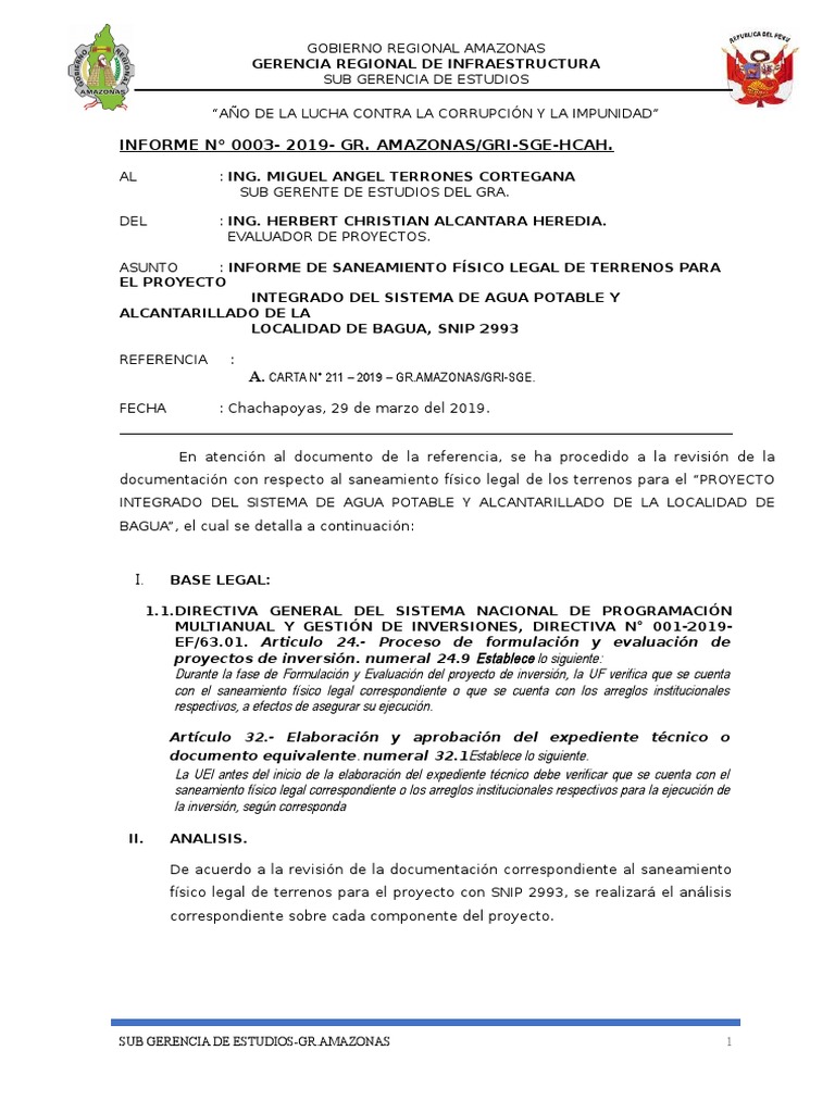 Informe de Saneamiento Fisico Legal de Terrenos para El Proyecto Snip ...