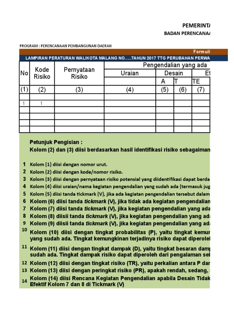 Contoh Pengisian FORM REGISTER RISIKO - Barenlitbang | PDF