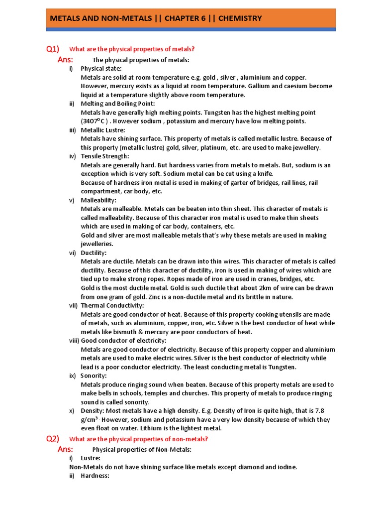 CH 6 Metals and Non Metals | PDF | Oxide | Metals