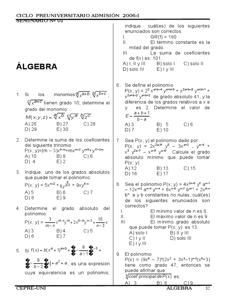 1º Seminario de Algebra Preuniversitario-2006-Isara | PDF | División (Matemáticas) | Proposición