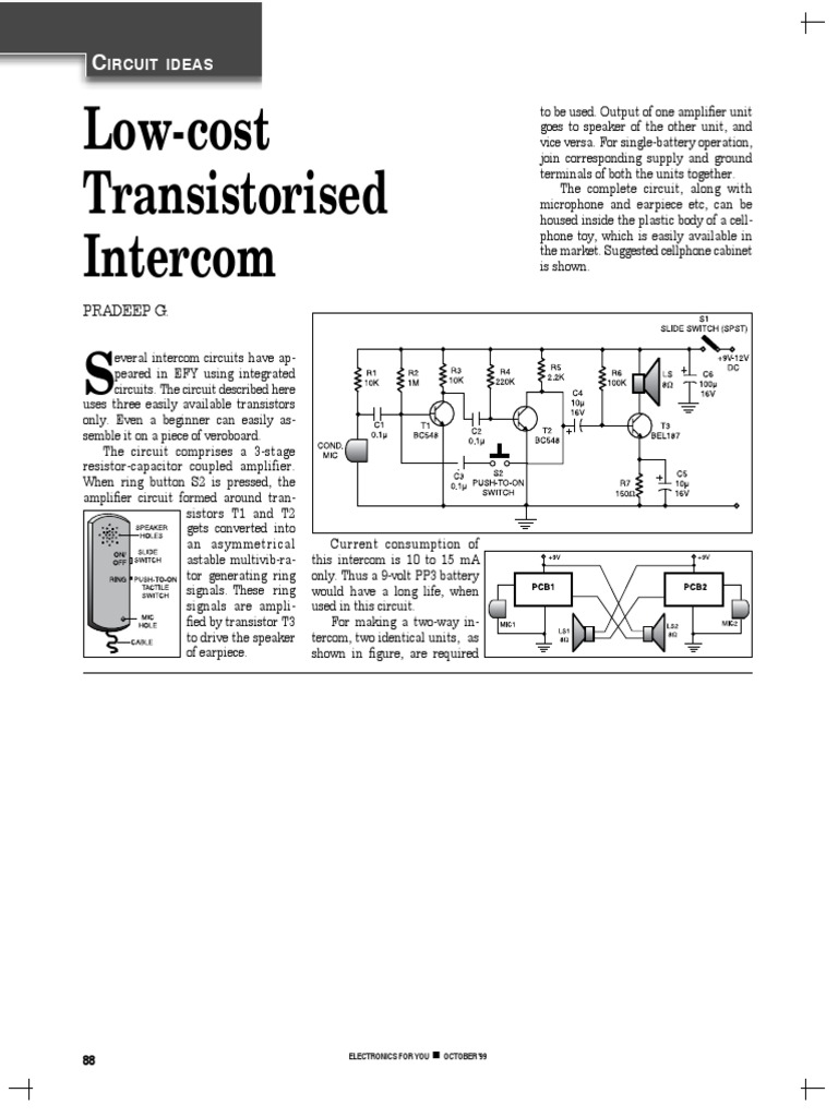 Low-Cost Transistorised Intercom PDF | PDF | Amplifier | Electrical ...