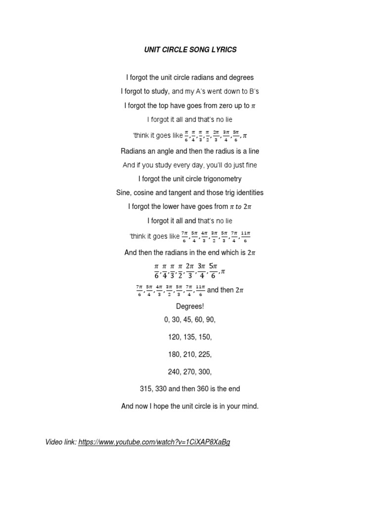 Unit Circle Song Lyrics for Trig Study | PDF