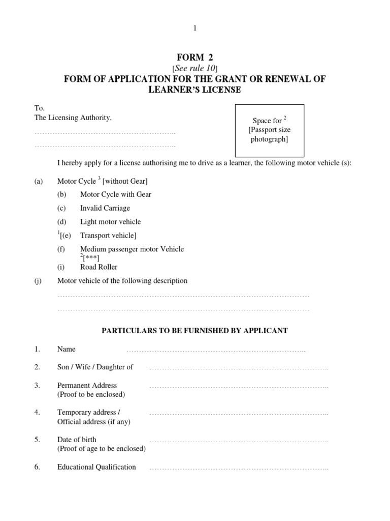 Form 2 Form of Application For The Grant or Renewal of Learner'S ...