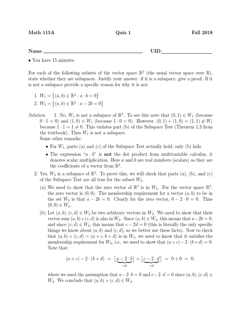 Linear Algebra Quiz | PDF | Linear Subspace | Vector Space