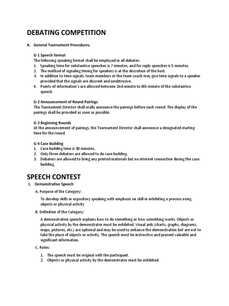 Debating Competition: A. General Tournament Procedures. G-1 Speech ...