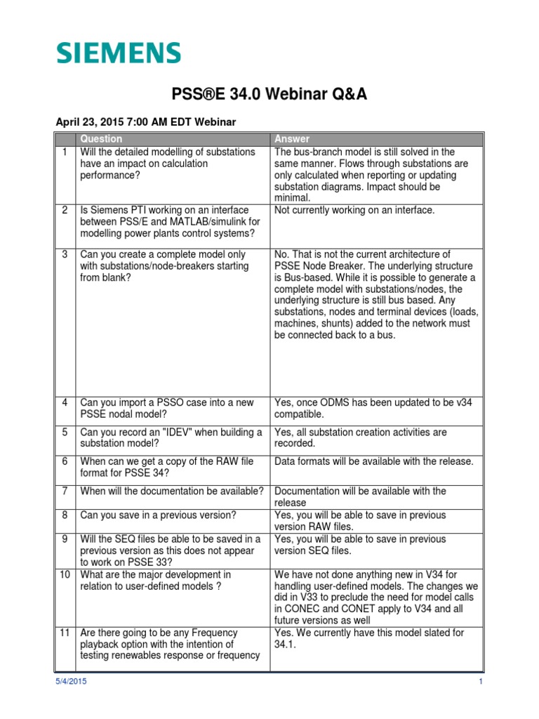 PSSE 34 Webinar Q A | PDF | Electrical Substation | File Format