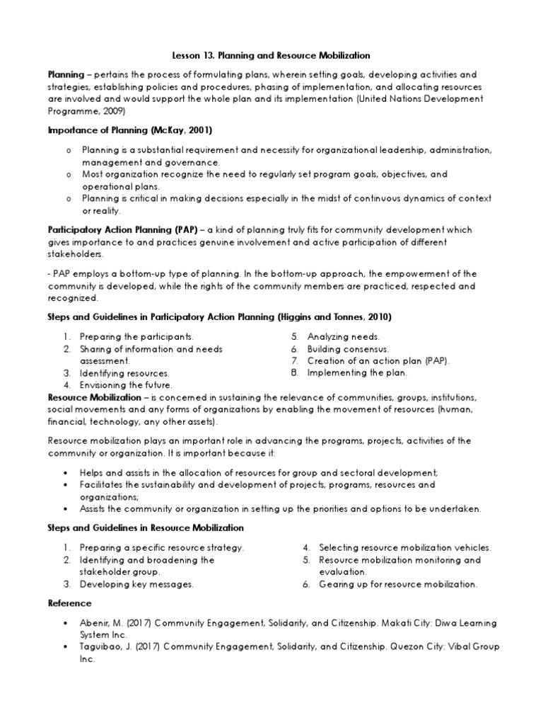 Lesson 13 Planning and Resource Mobilization | PDF | Community | Governance
