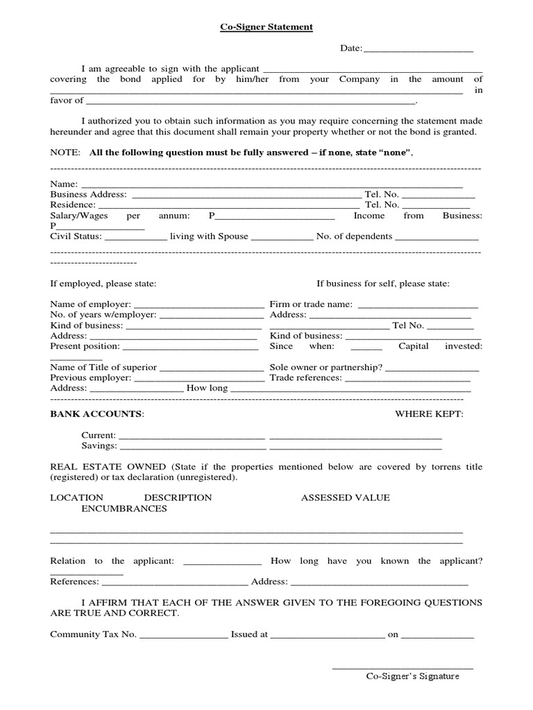 Co Signer Statement | Download Free PDF | Taxes | Business