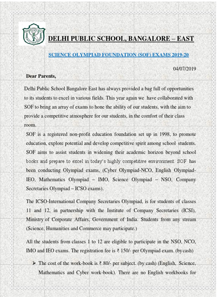 Delhi Public School, Bangalore - East: Science Olympiad Foundation (Sof ...