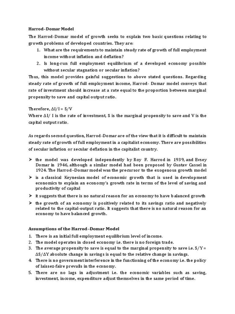 Assumptions of The Harrod-Domar Model | PDF | Economic Growth ...