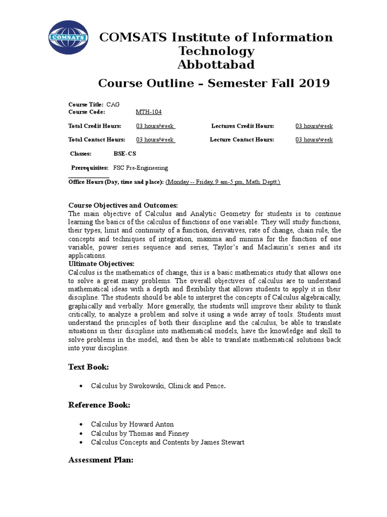 COMSATS Institute of Information Technology Abbottabad: Course Outline ...