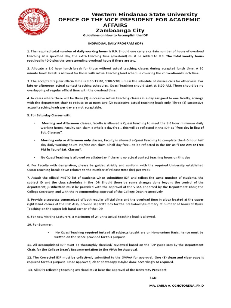 WMSU Guidelines on How to Accomplish the Individual Daily Program (IDP ...