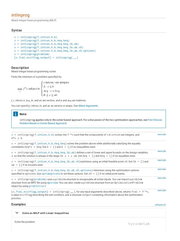 Mixed Integer Linear Programming Milp Matlab Intlinprog Pdf Linear Programming 