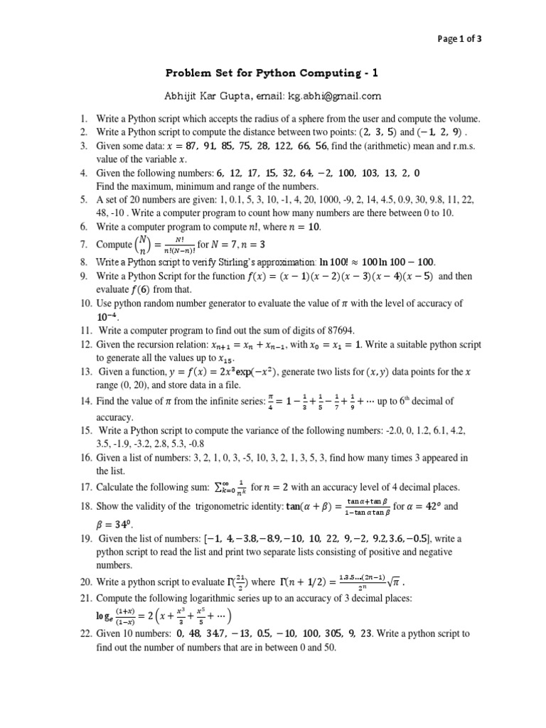 Python Computing Problem Set By Abhijit Kar Gupta Pdf Numbers Python Programming Language