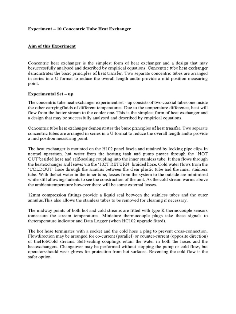 Experiment 10 - Concentric Tube Heat Exchanger | PDF | Water Heating | Heat