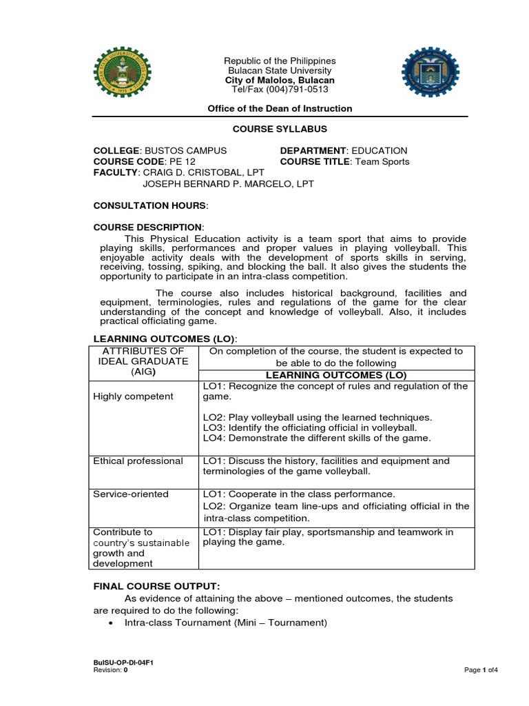 PE 12 Team Sports Syllabus | PDF | Volleyball | Sports