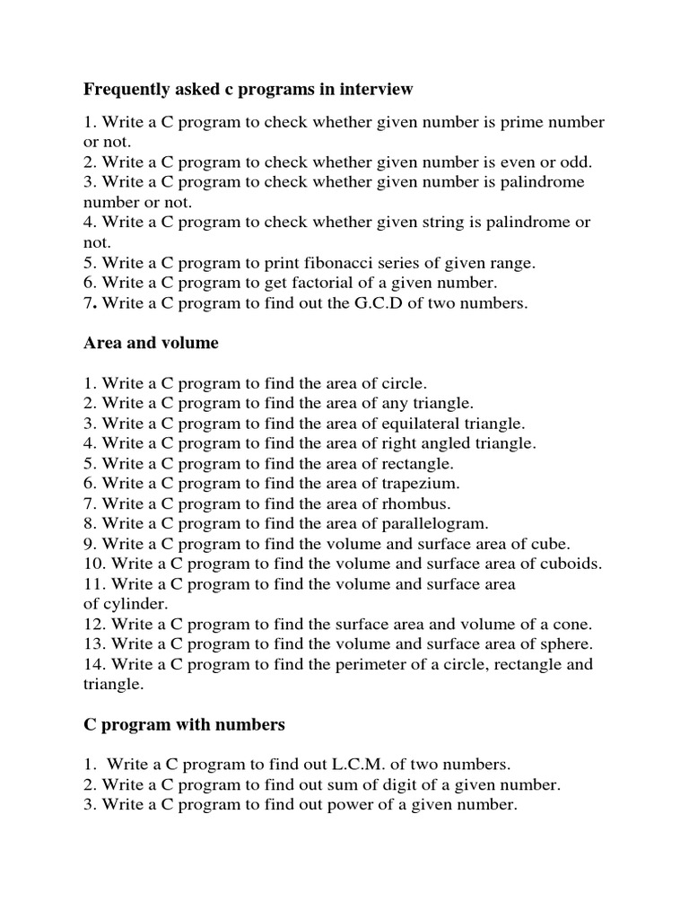 Frequently Asked C Programs In Interview PDF Area Mathematical