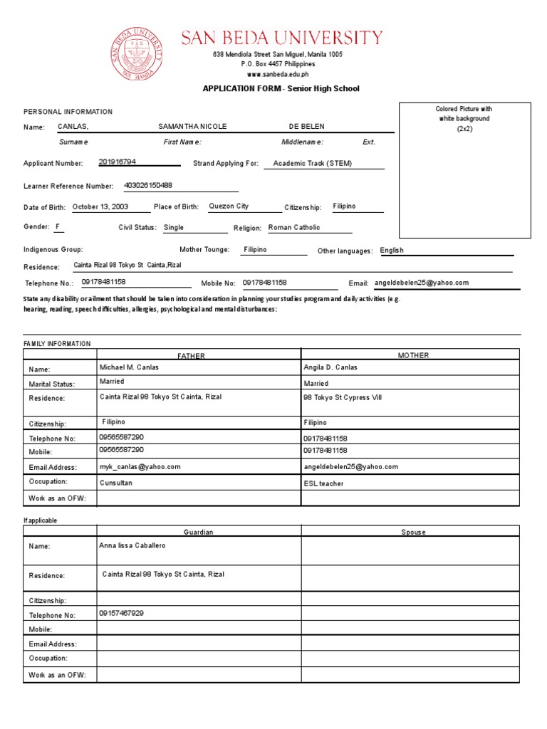 Surname First Name: Middlename: Ext.: APPLICATION FORM - Senior High ...