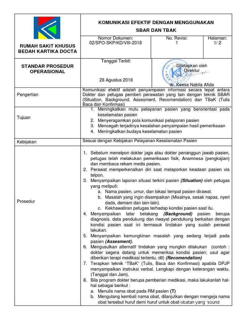 SKP 2. EP 1 Regulasi Komunikasi Efektif Dengan SBAR Dan TBAK | PDF