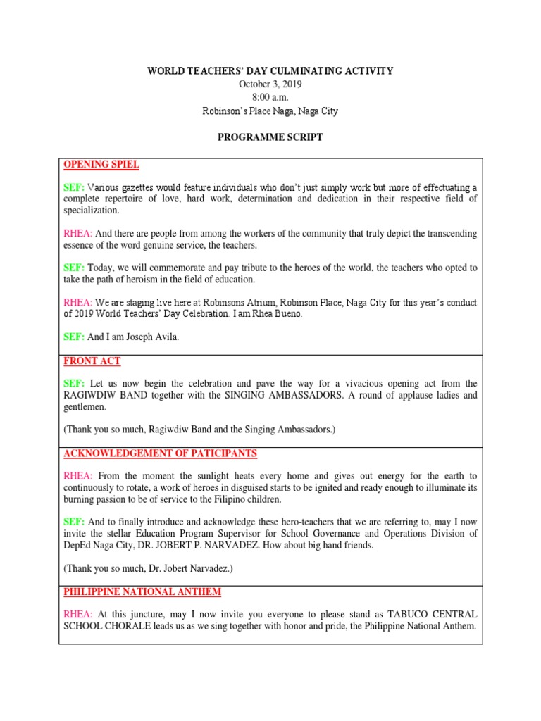 World Teachers' Day Celebration Program Script | PDF | Philippines ...