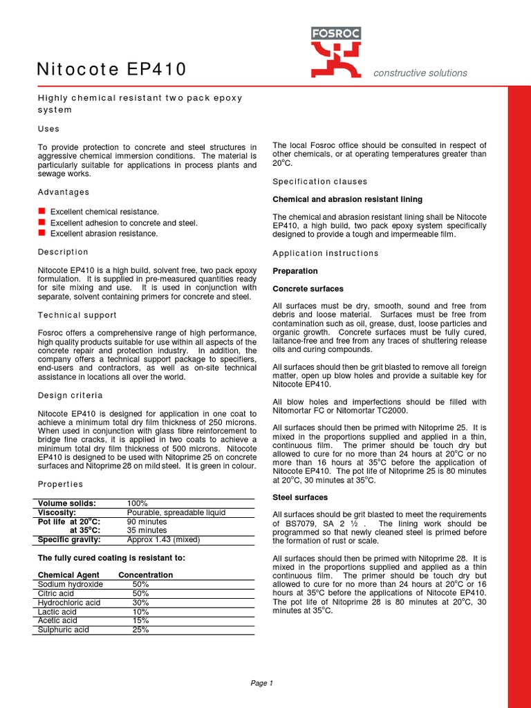 TDS Nitocote EP410 | Download Free PDF | Epoxy | Concrete