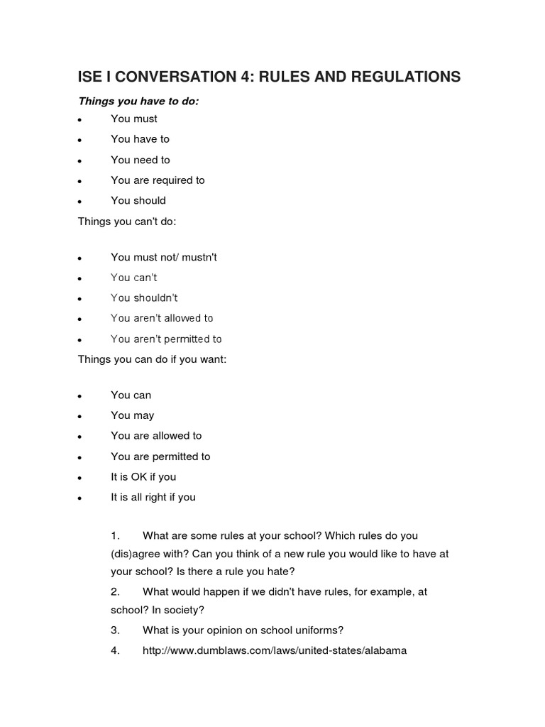 Questions Conversation Task ISE I Rules and Regulations | PDF ...