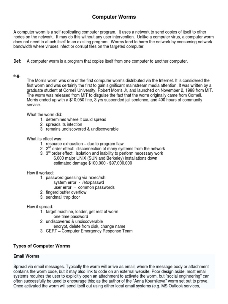 Computer Worms: Def: A Computer Worm Is A Program That Copies Itself From One Computer To ...